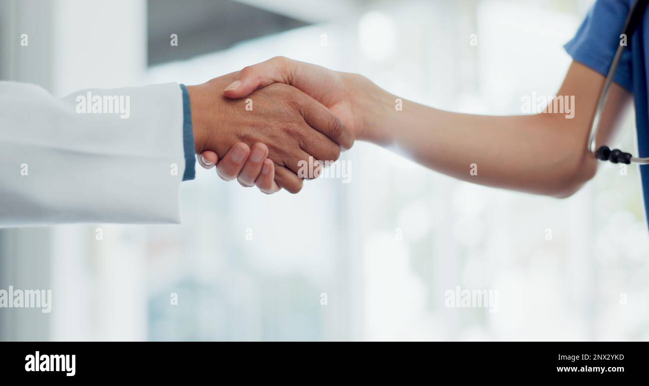 Handshake, doctor and nurse with teamwork, partnership and thank you ...