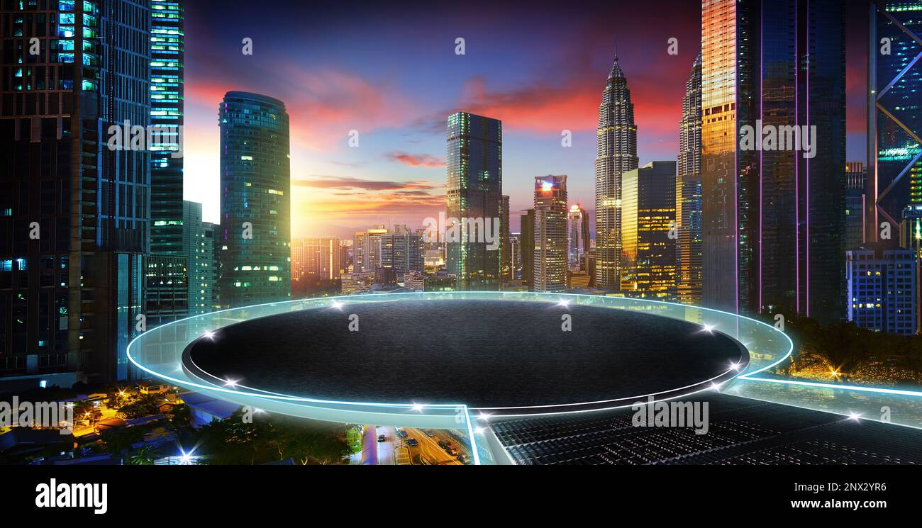 Beautiful sunrise city and futuristic circular stage Stock Photo - Alamy