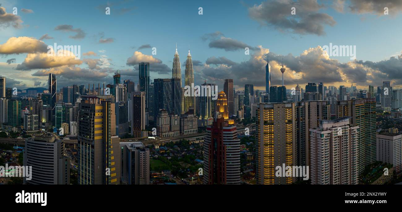 Panorama aerial evening view of beautiful Kuala Lumpur city skyline ...