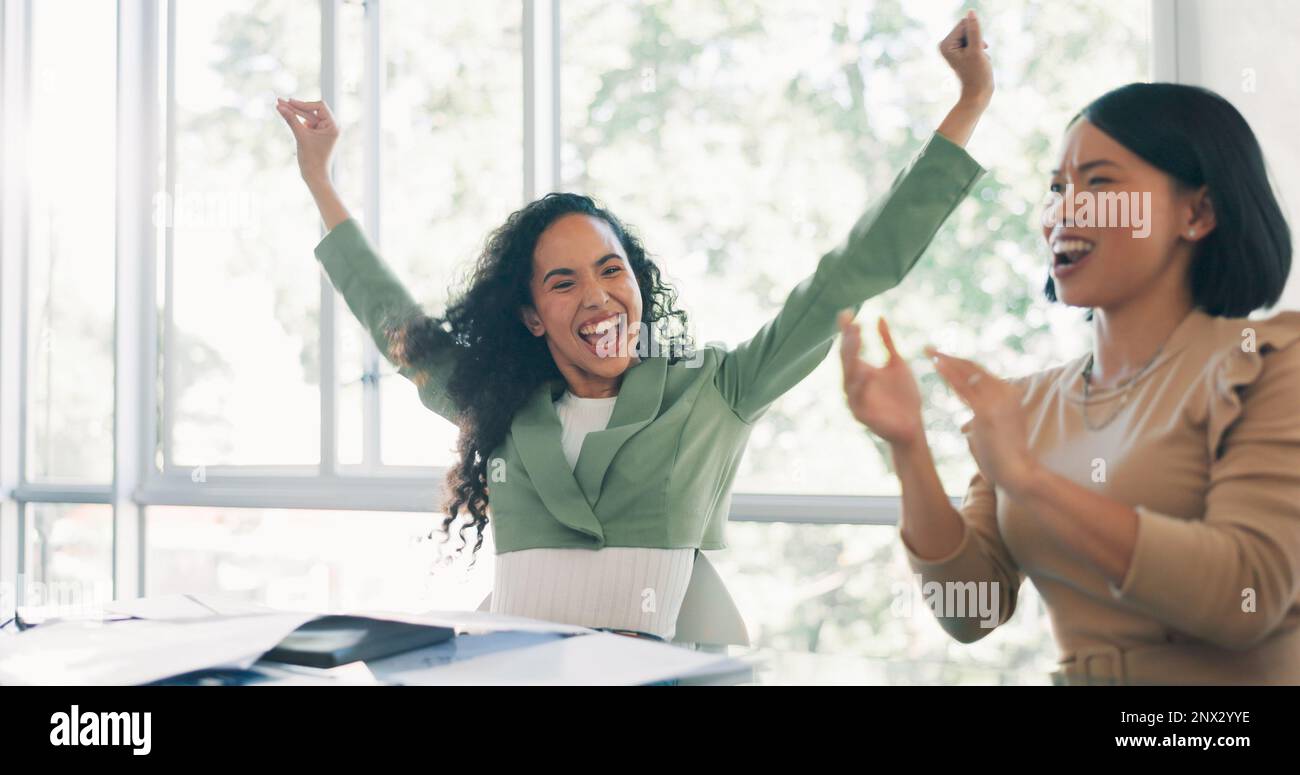 Black woman cheers, team and applause with success and support ...