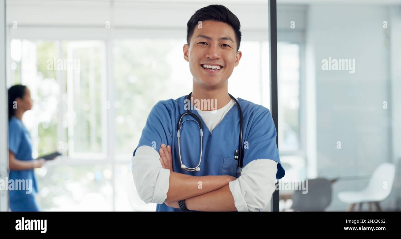 Asian man, face and doctor smile for healthcare, vision or career ...