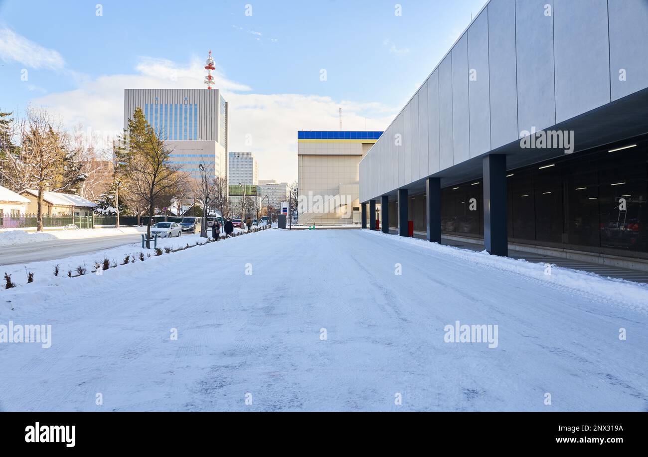 Street covered with snow in winter in Hokkaido, Japan Stock Photo - Alamy