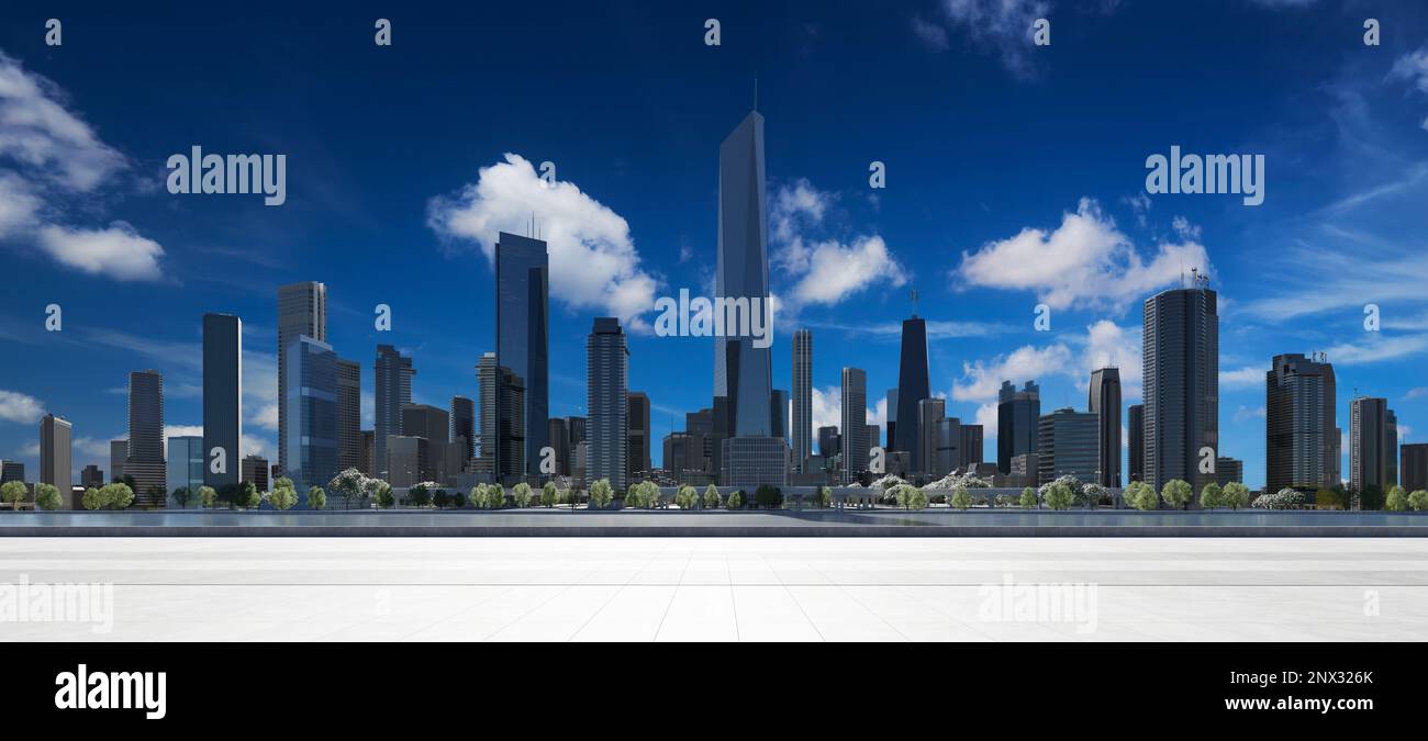 Modern city with a beautiful view and empty floor in front. 3d ...