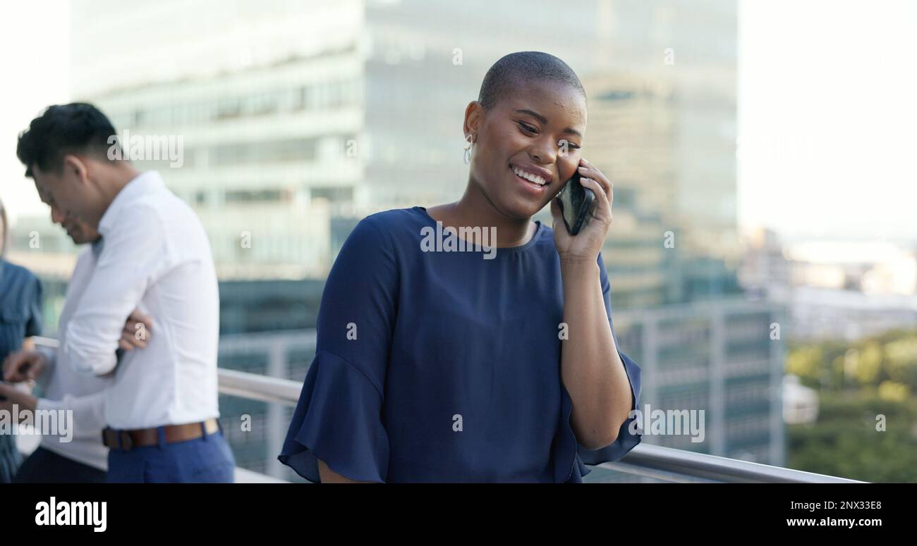 Phone call, communication and black woman at a meeting with a phone for ...