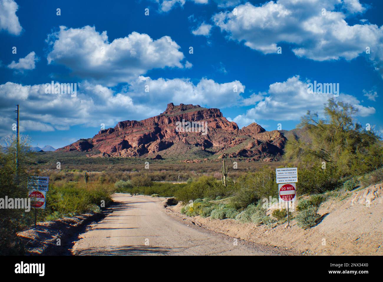 A winding dirt road cutting through a desert landscape leading to the ...