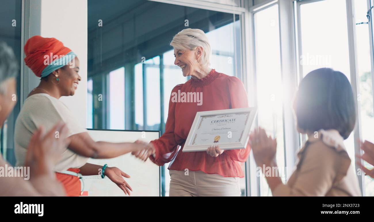 Applause, award and handshake with business woman in meeting for goal ...