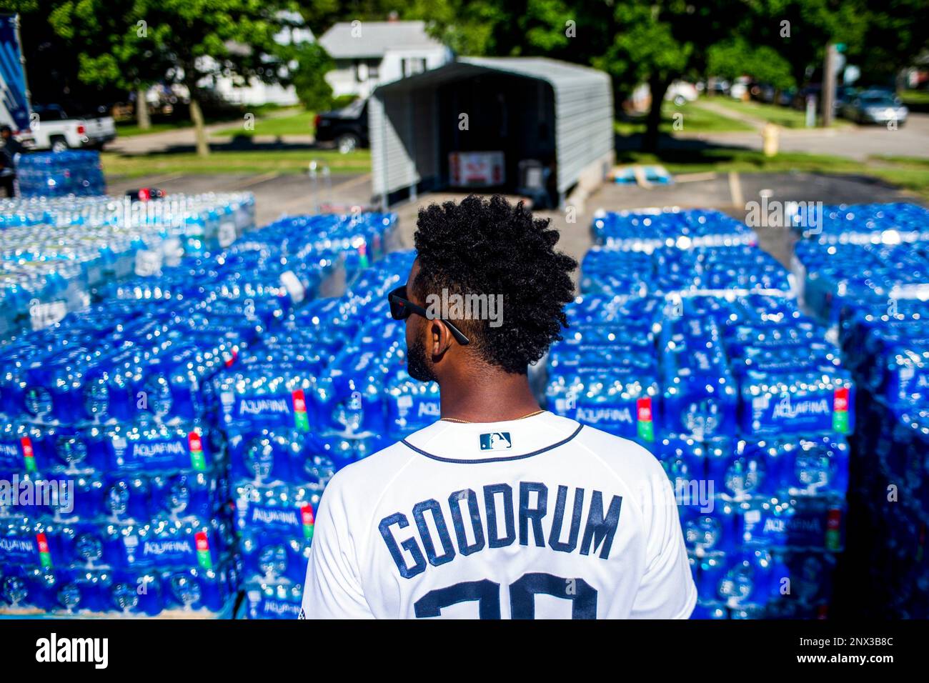 Detroit Tigers utility-man Niko Goodrum looks over thousands of water ...