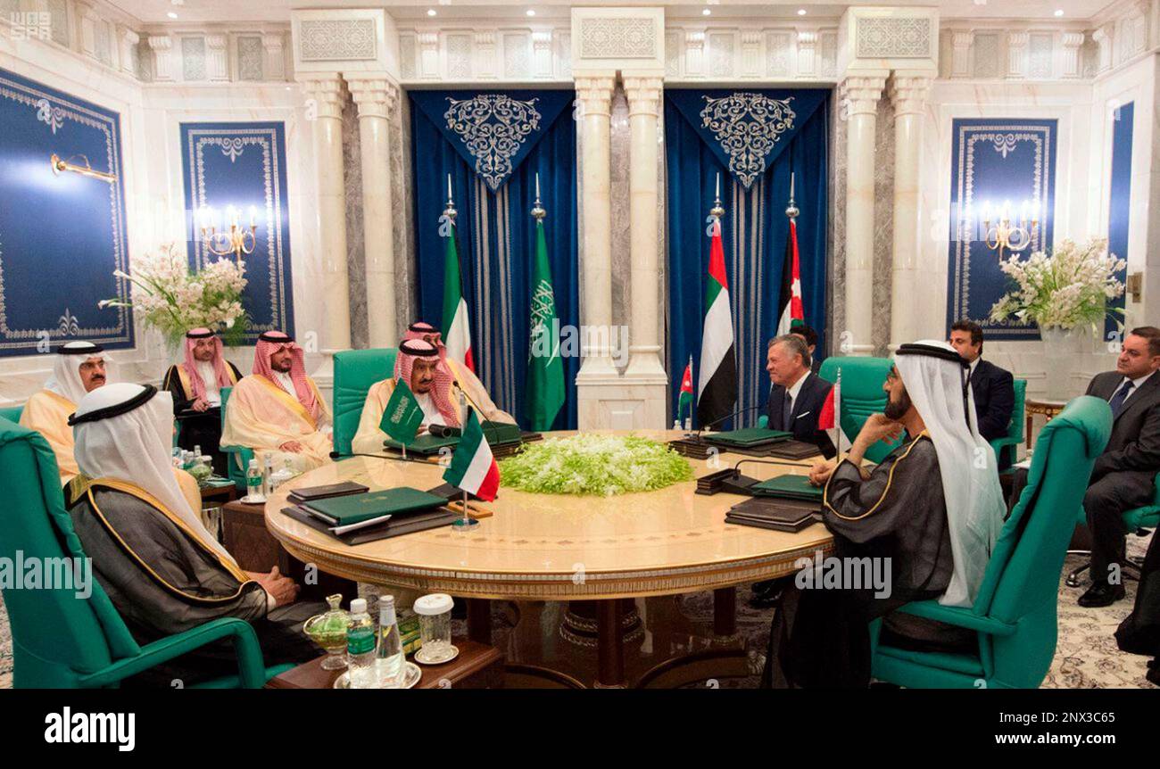 In this photo released by Saudi Press Agency, SPA, from left to right ...