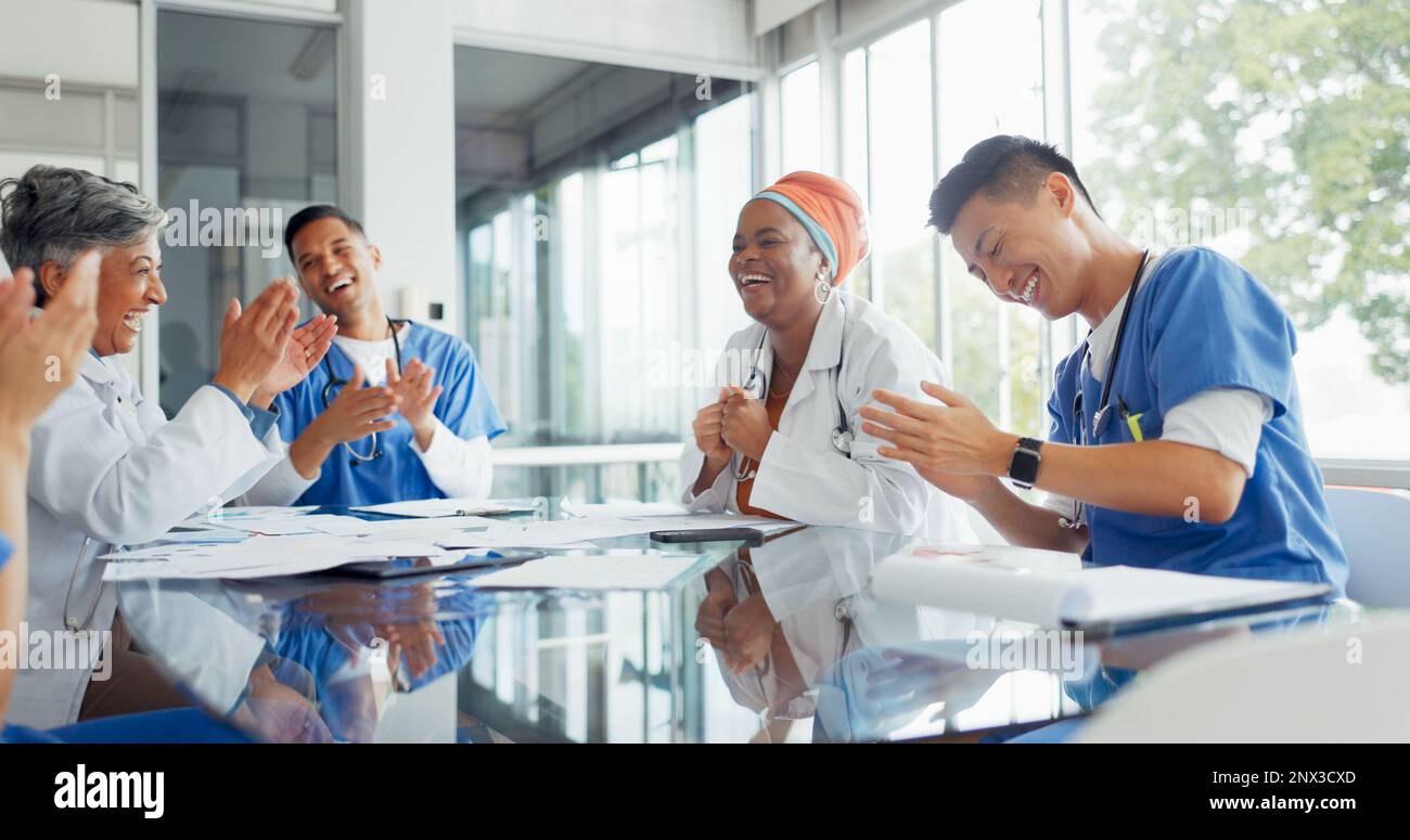 Doctors, nurses and meeting with documents in hospital discussing ...