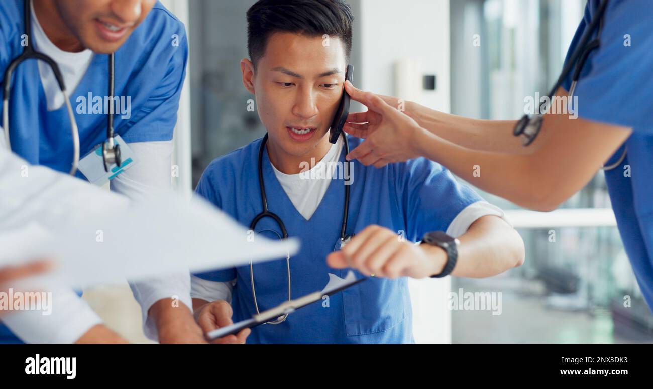 Busy, phone call and doctor with medical paperwork, hospital chaos and ...