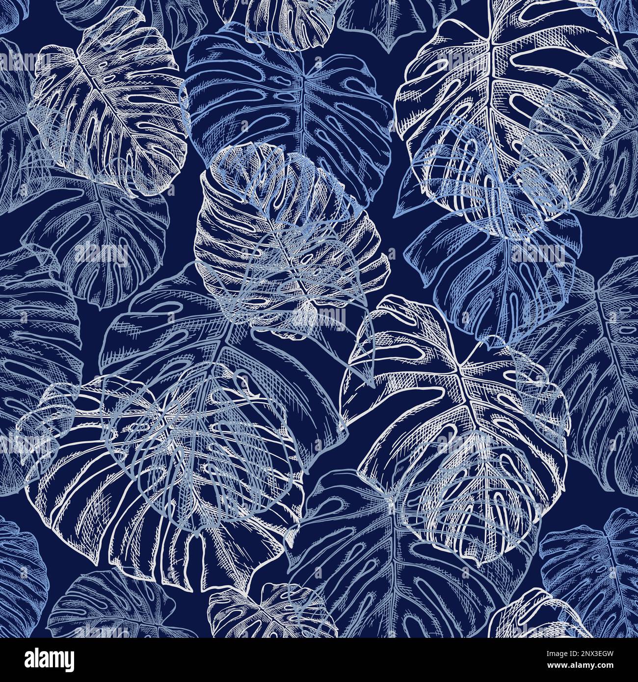 Botanical seamless pattern with leaves of tropical plants. Pen and ink ...