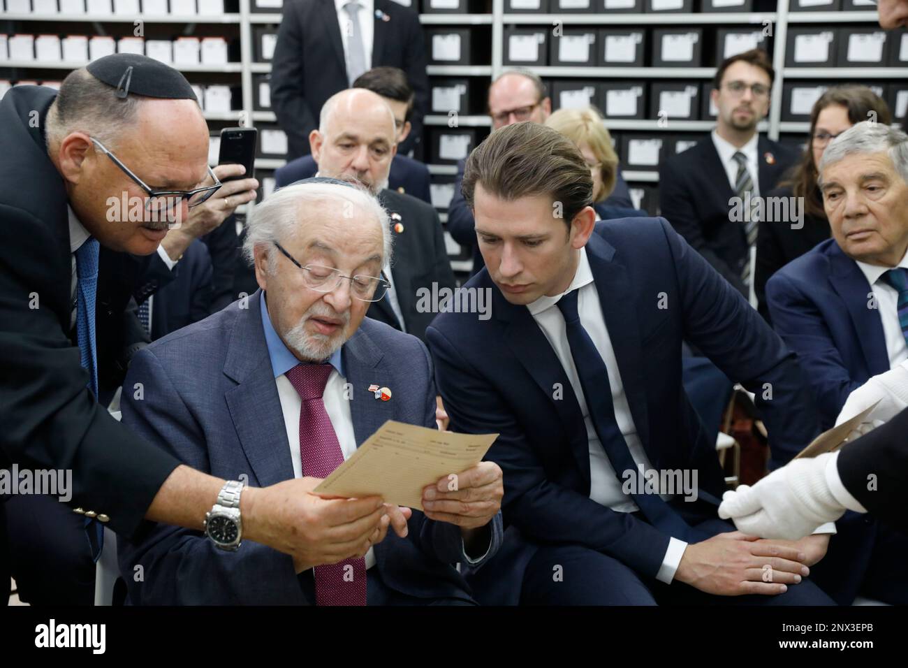 Austrian Chancellor Sebastian Kurz, center, Austrian Holocaust survivor ...