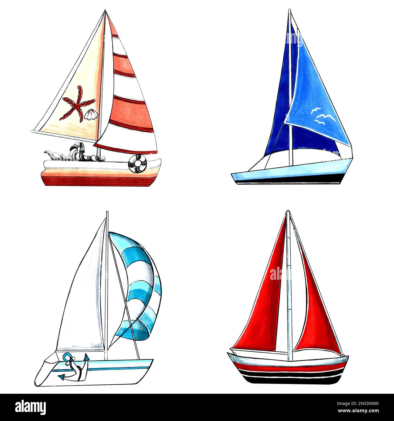 Set of brown, blue, red and aqua color yachts. JPEG illustration marine ...