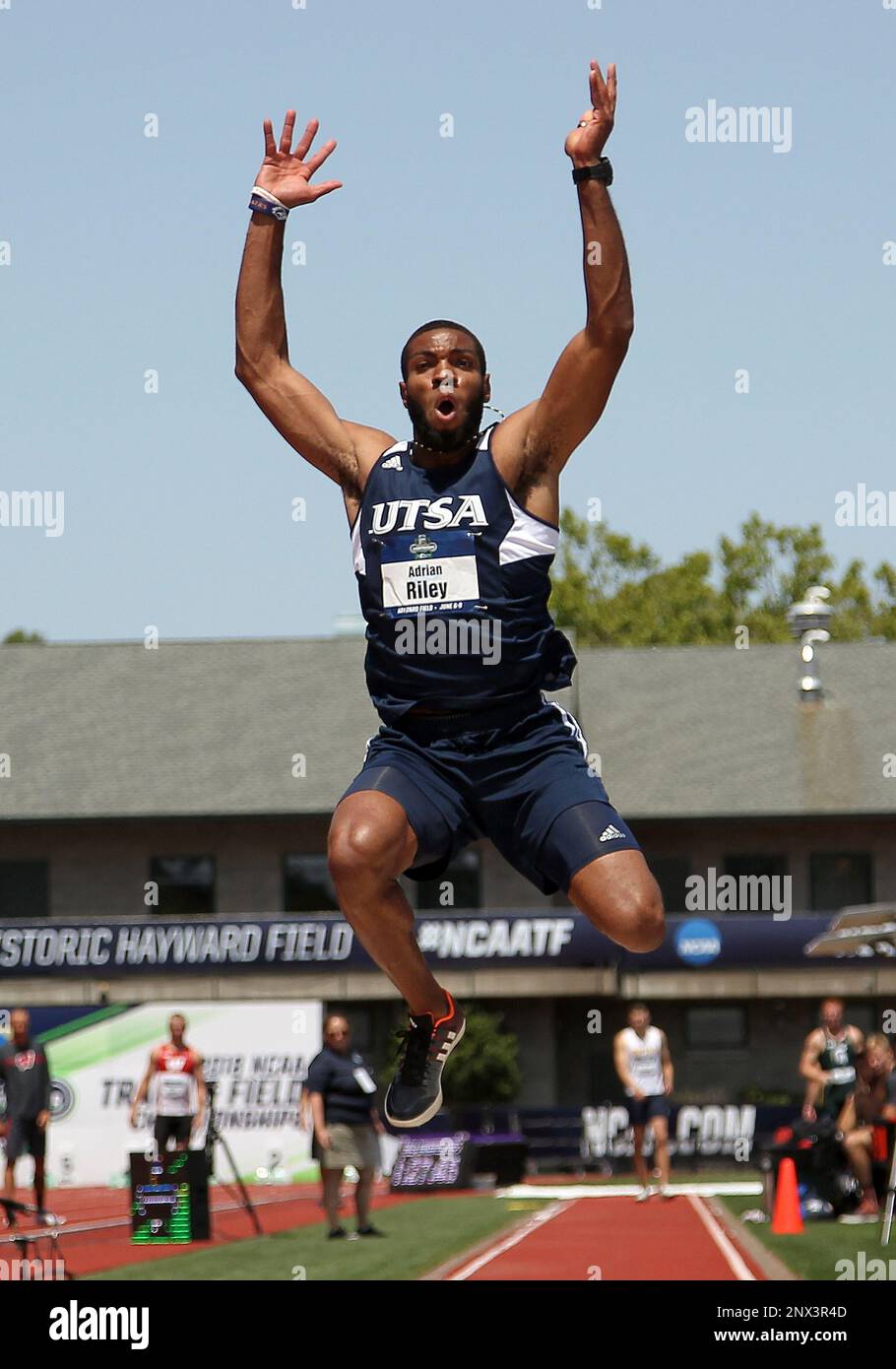 June 6, 2018. Adrian Riley of UTSA competes in the Long Jump portion of ...