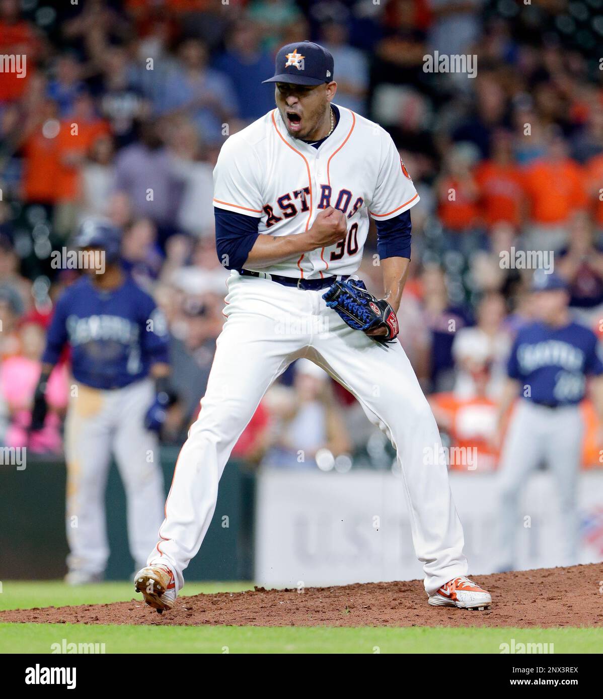 Houston Astros relief pitcher Hector Rondon (30) reacts after striking ...