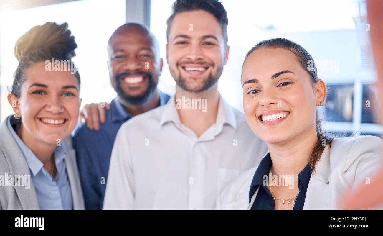 Business people, face and portrait smile for selfie, profile picture or ...