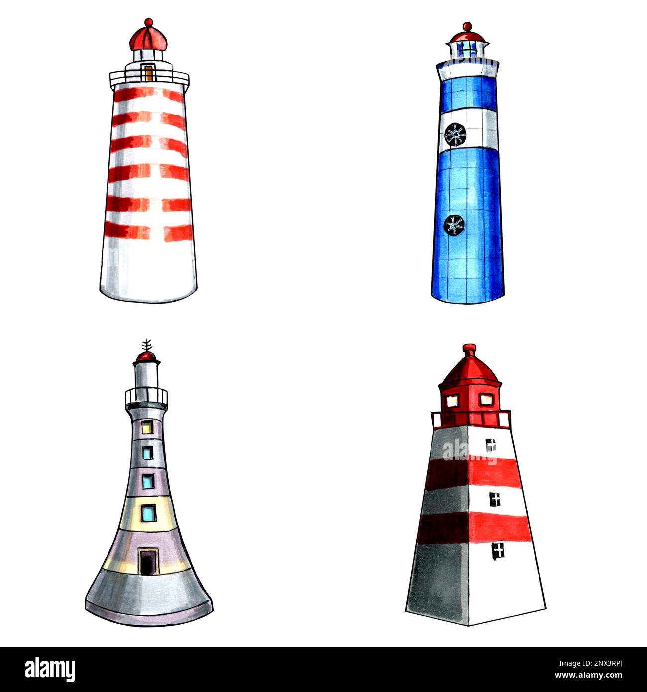 Set of brown, blue, red and aqua color lighthouses. JPEG illustration ...