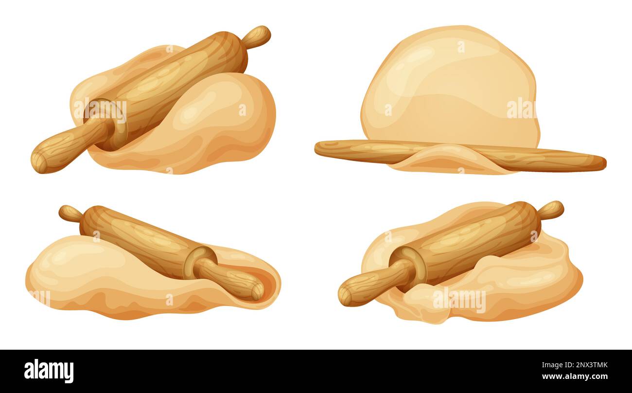 Wooden rolling pin with fresh raw dough for bakind. Cartoon homemade ...