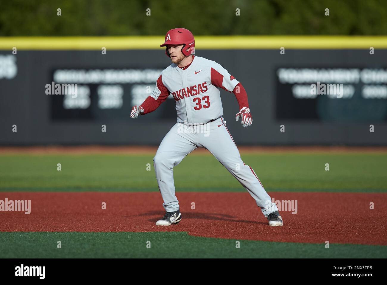 Grant Koch (33) of the Arkansas Razorbacks takes his lead off of second ...