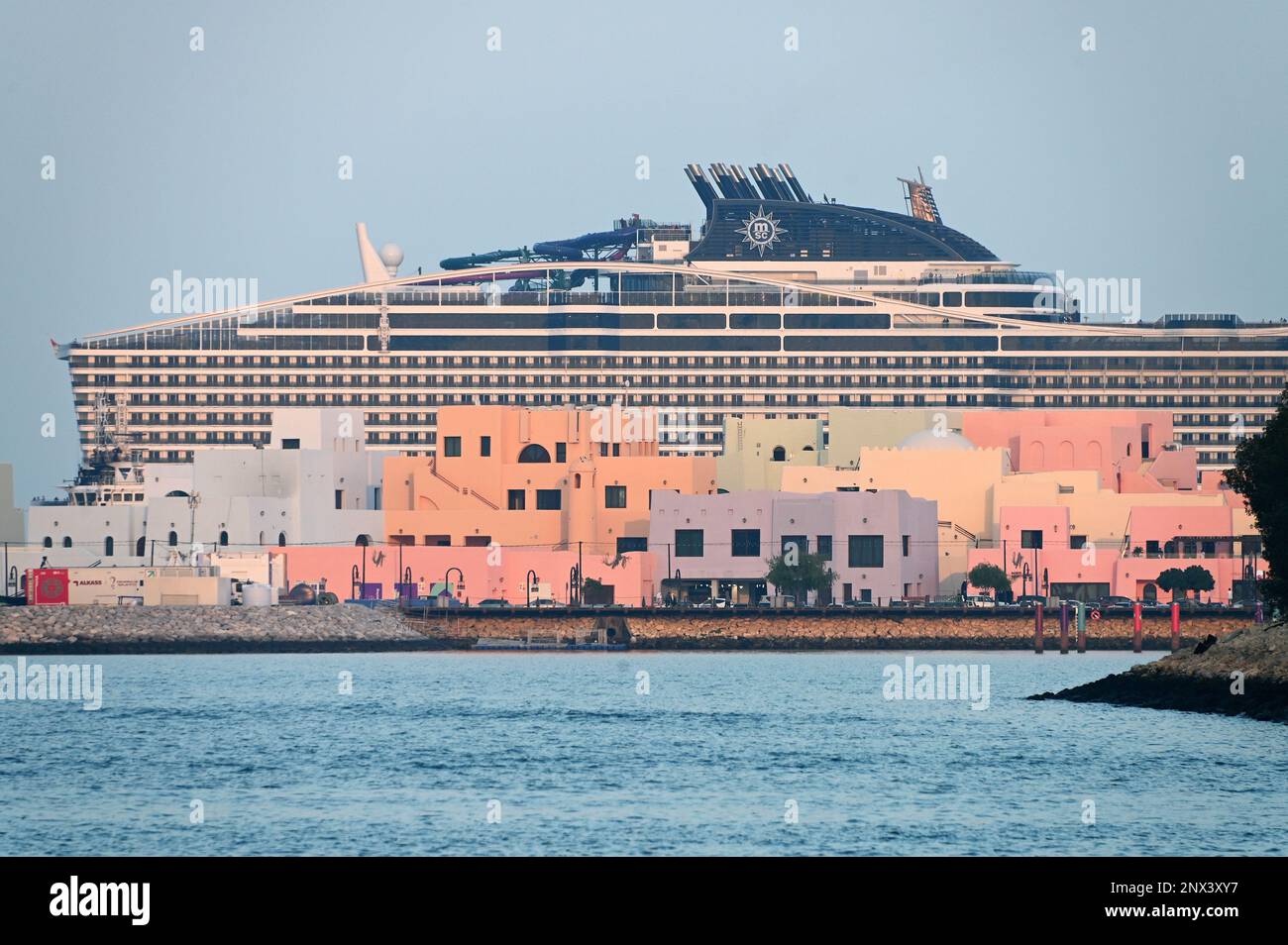 Cruise ship behind the olourful houses in the Mina District, Mia Park ...