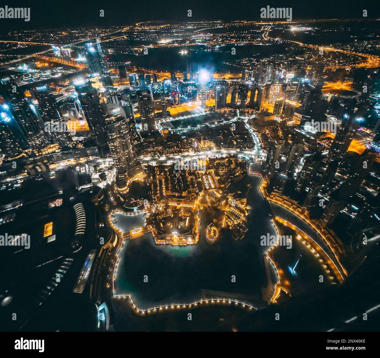 Aerial view of Downtown Dubai with roads, Dubai Mall and the fountain ...