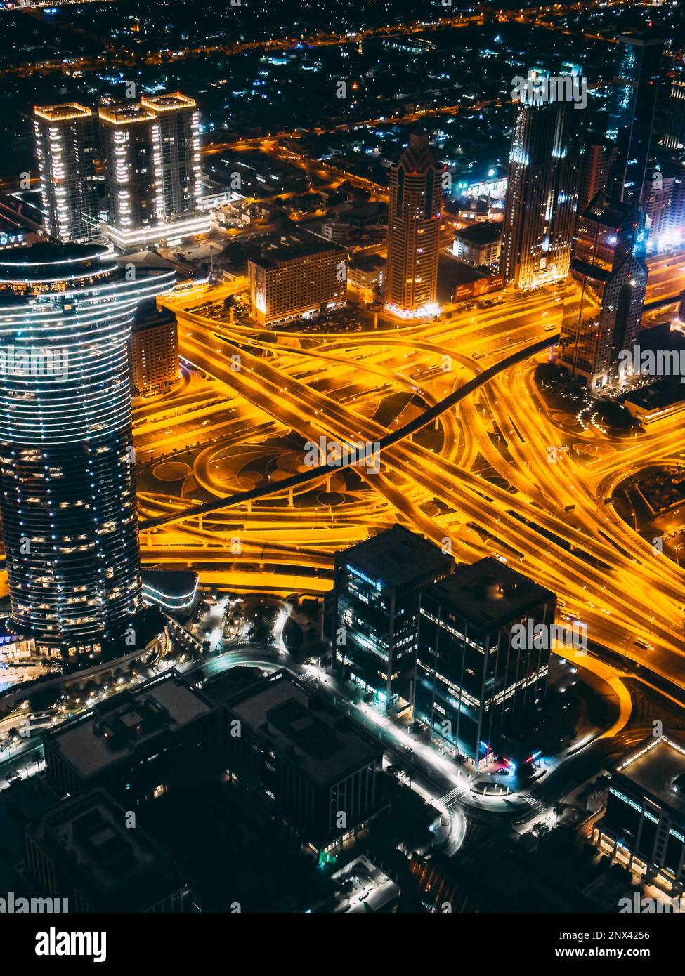 Aerial view of Downtown Dubai with roads, Dubai Mall and the fountain ...