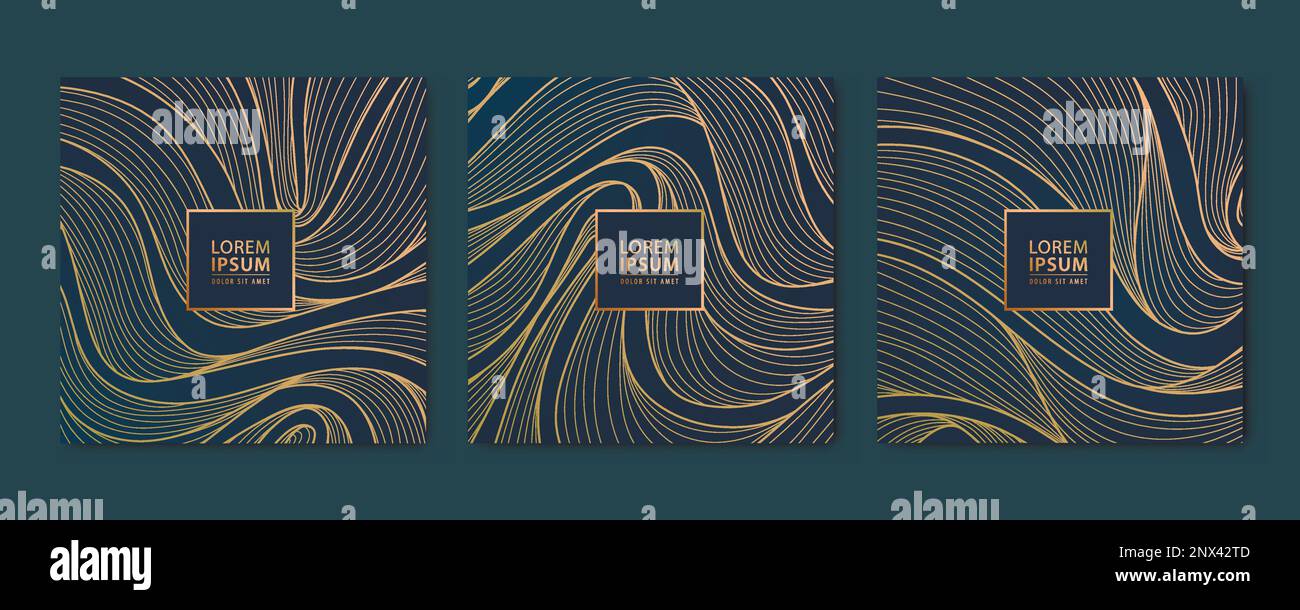 Vector set of wavy luxury line cards, golden dynamic square backgrounds ...