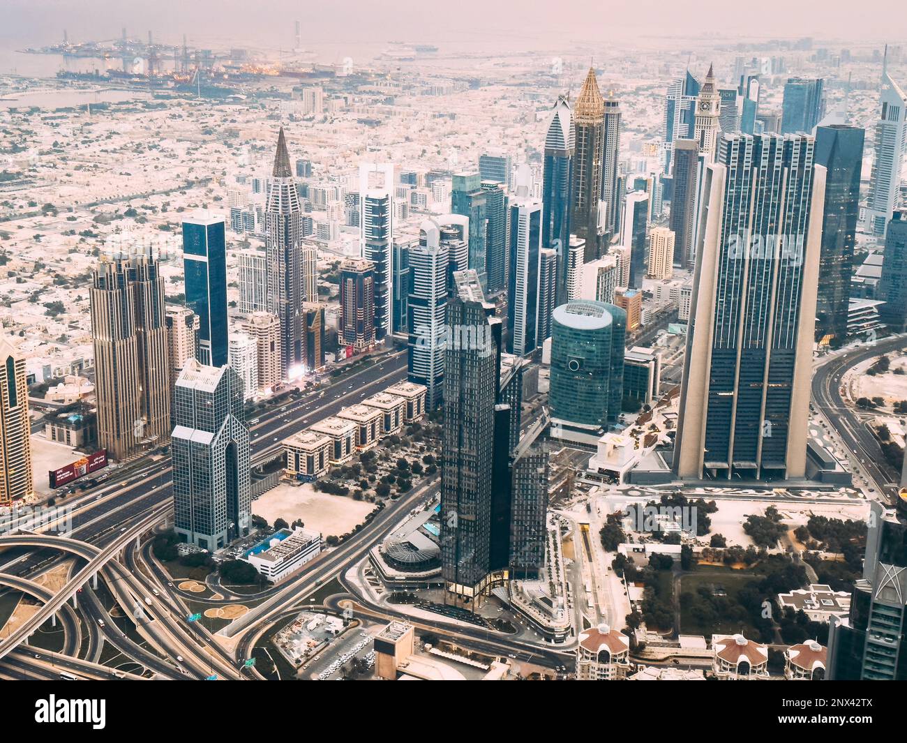Aerial view of Downtown Dubai with roads, Dubai Mall and the fountain ...