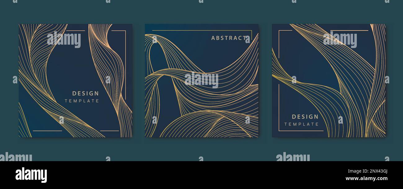 Vector set of wavy luxury line cards, golden dynamic square backgrounds ...