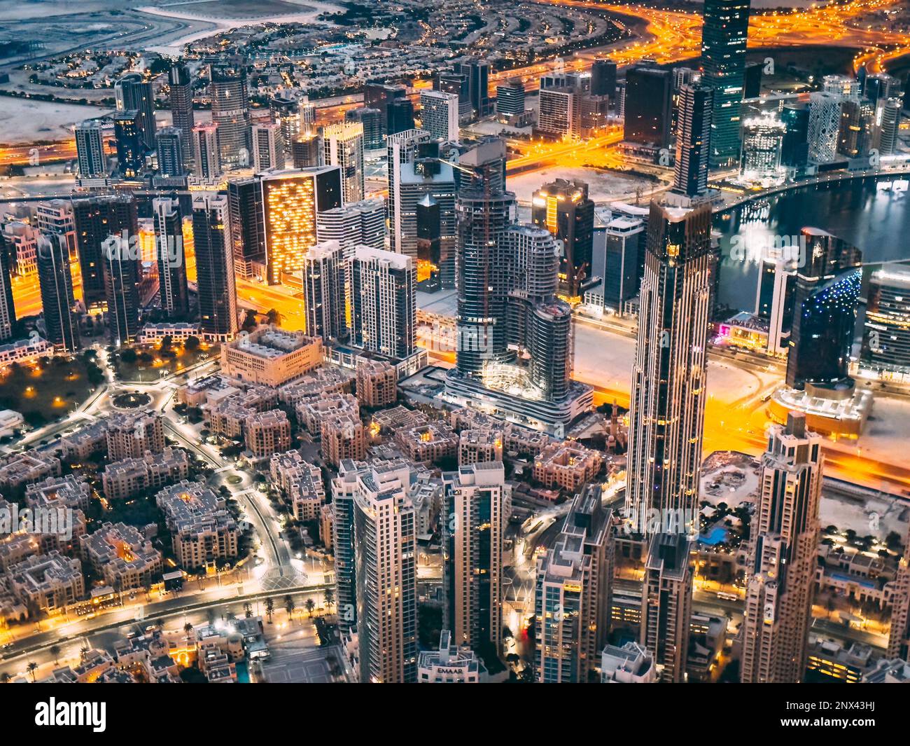 Aerial view of Downtown Dubai with roads, Dubai Mall and the fountain ...
