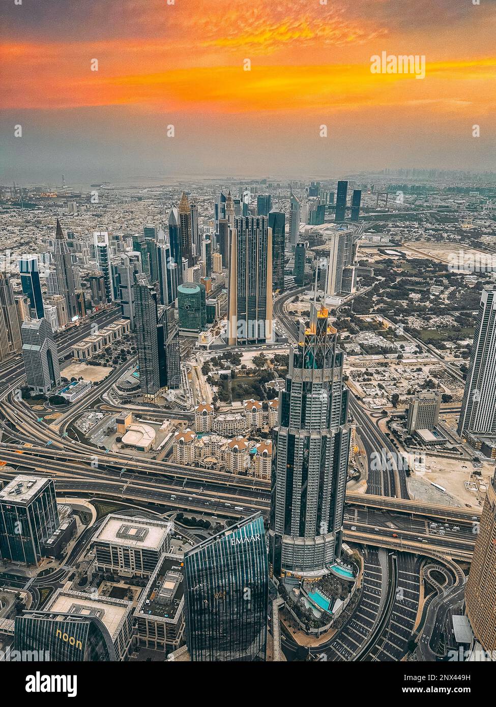 Aerial view of Downtown Dubai with roads, Dubai Mall and the fountain ...