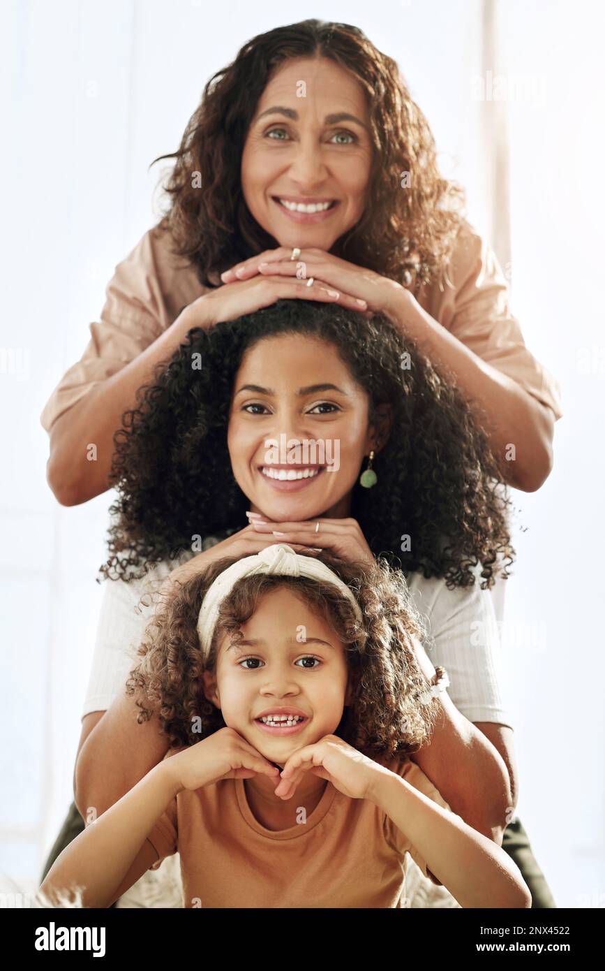 Generations, stack portrait and women of family with grandmother, mother and daughter with smile ...