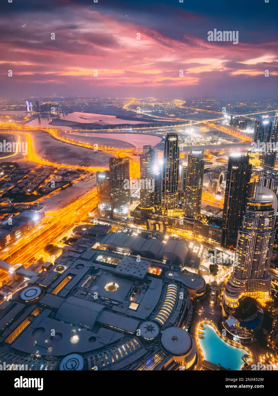 Aerial view of Downtown Dubai with roads, Dubai Mall and the fountain ...