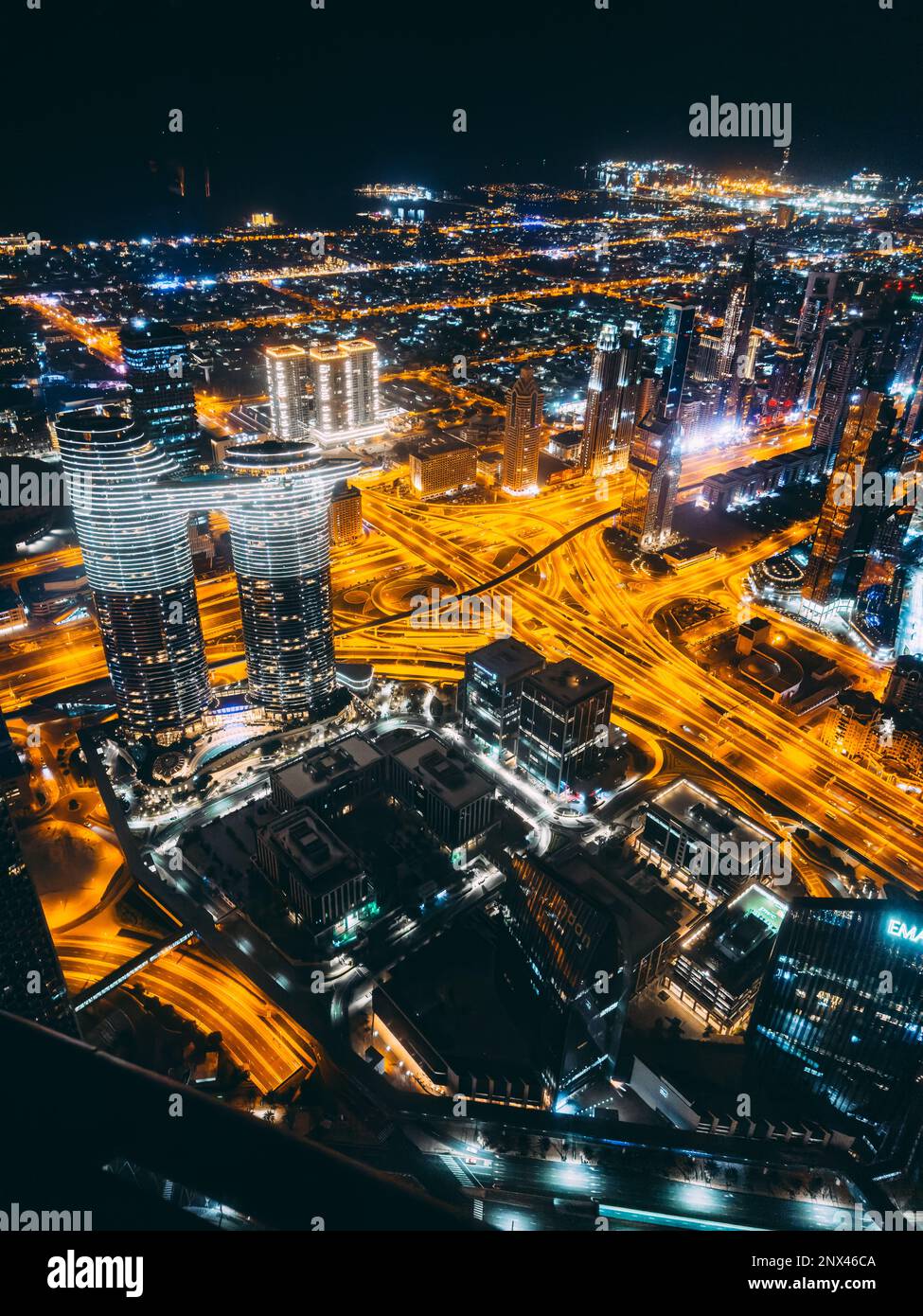 Aerial view of Downtown Dubai with roads, Dubai Mall and the fountain ...