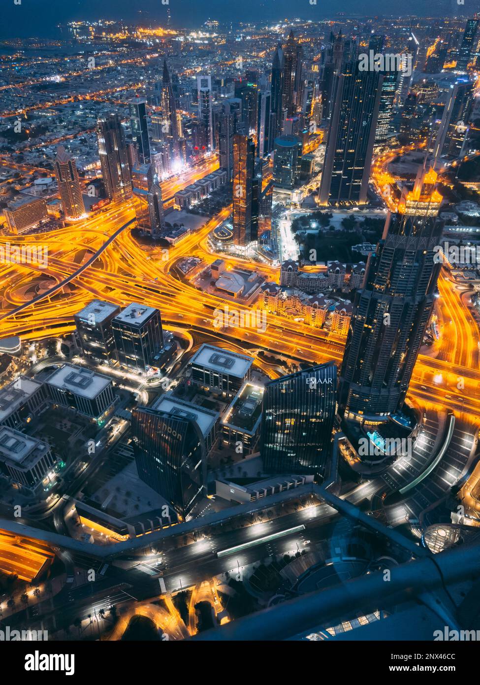 Aerial view of Downtown Dubai with roads, Dubai Mall and the fountain ...