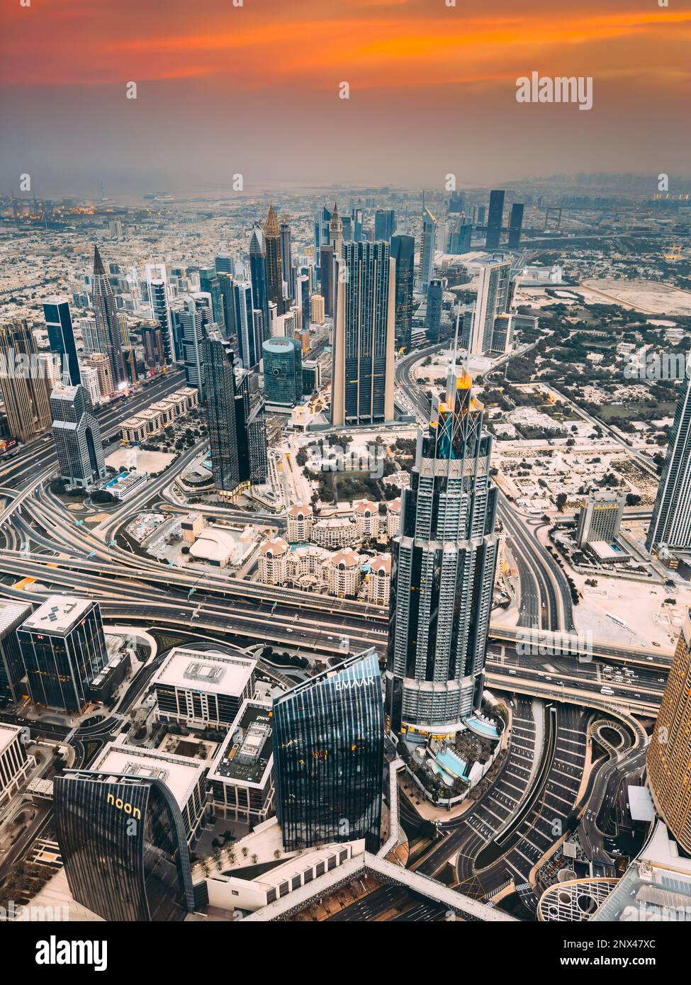 Aerial view of Downtown Dubai with roads, Dubai Mall and the fountain ...