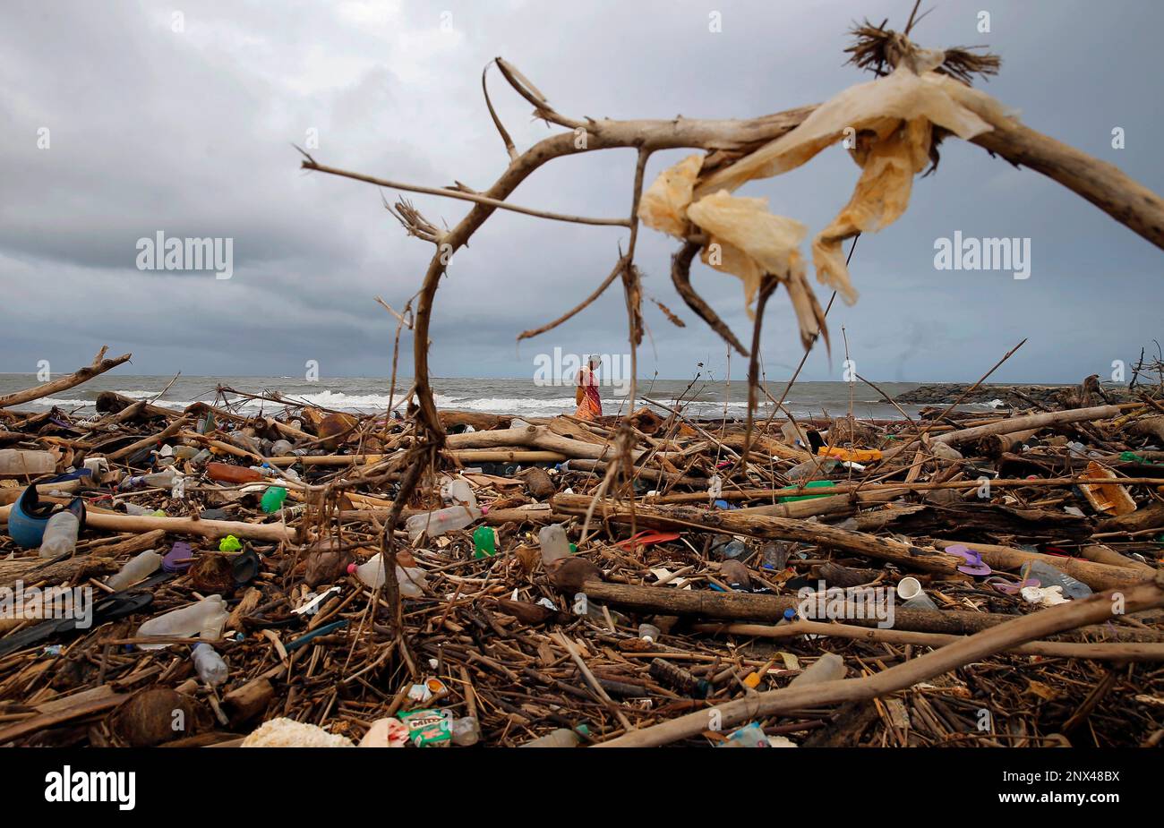 A Sri Lankan ragpicker searches for plastic waste washed ashore on the ...