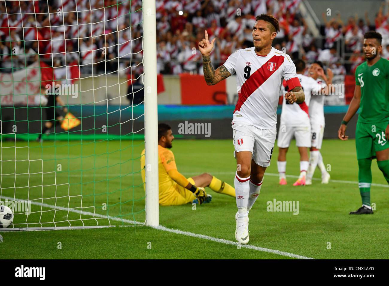 Peru's Paolo Guerrero celebrates after scoring during a friendly soccer ...