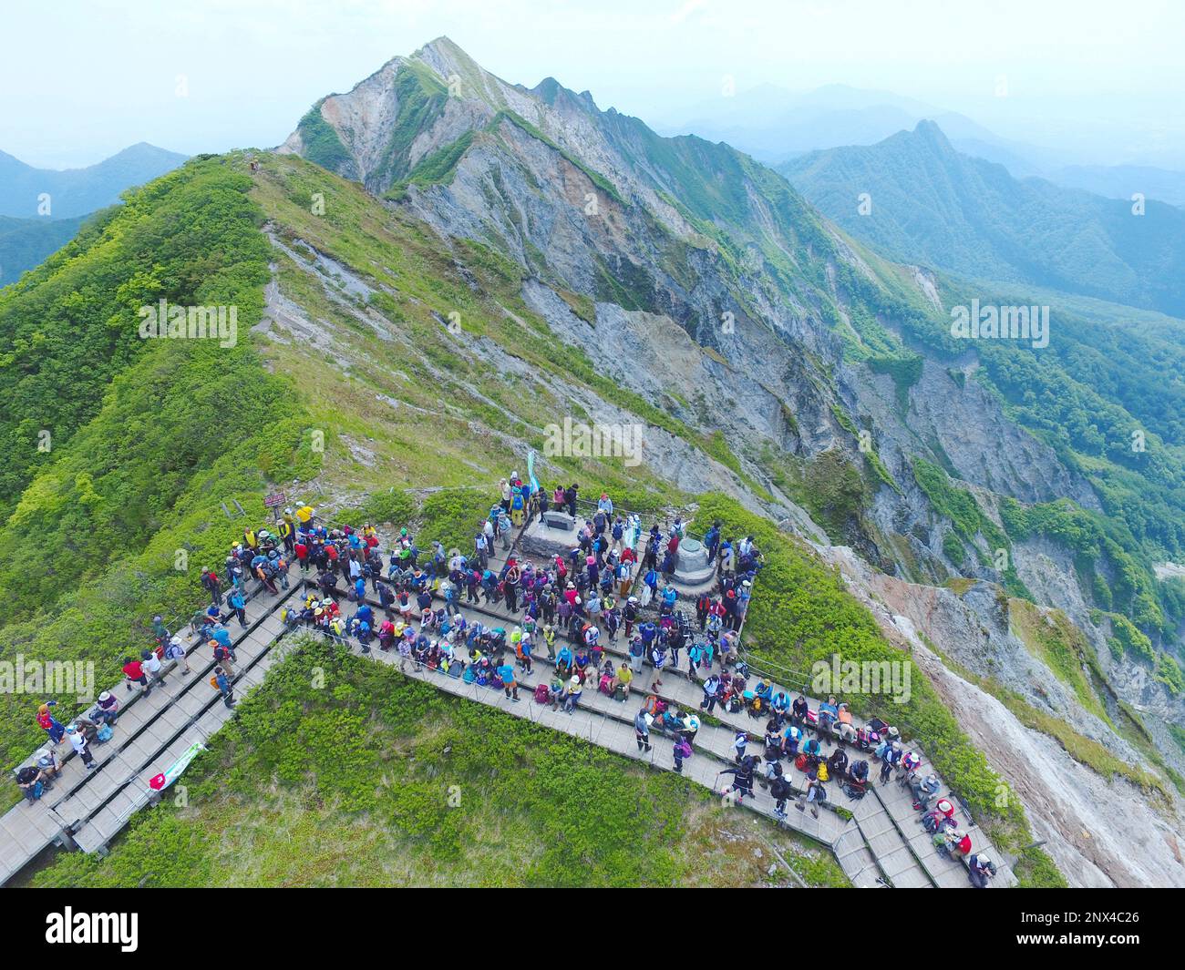 A lot of climbers go up a mountain at Mount Daisen in Tottori Prefecture on June 3, 2018, the ...