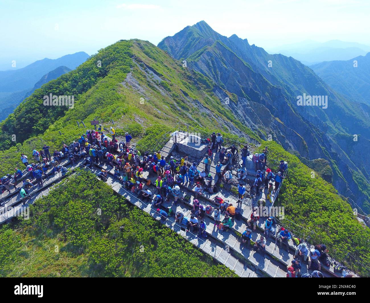 A lot of climbers go up a mountain at Mount Daisen in Tottori Prefecture on June 3, 2018, the ...