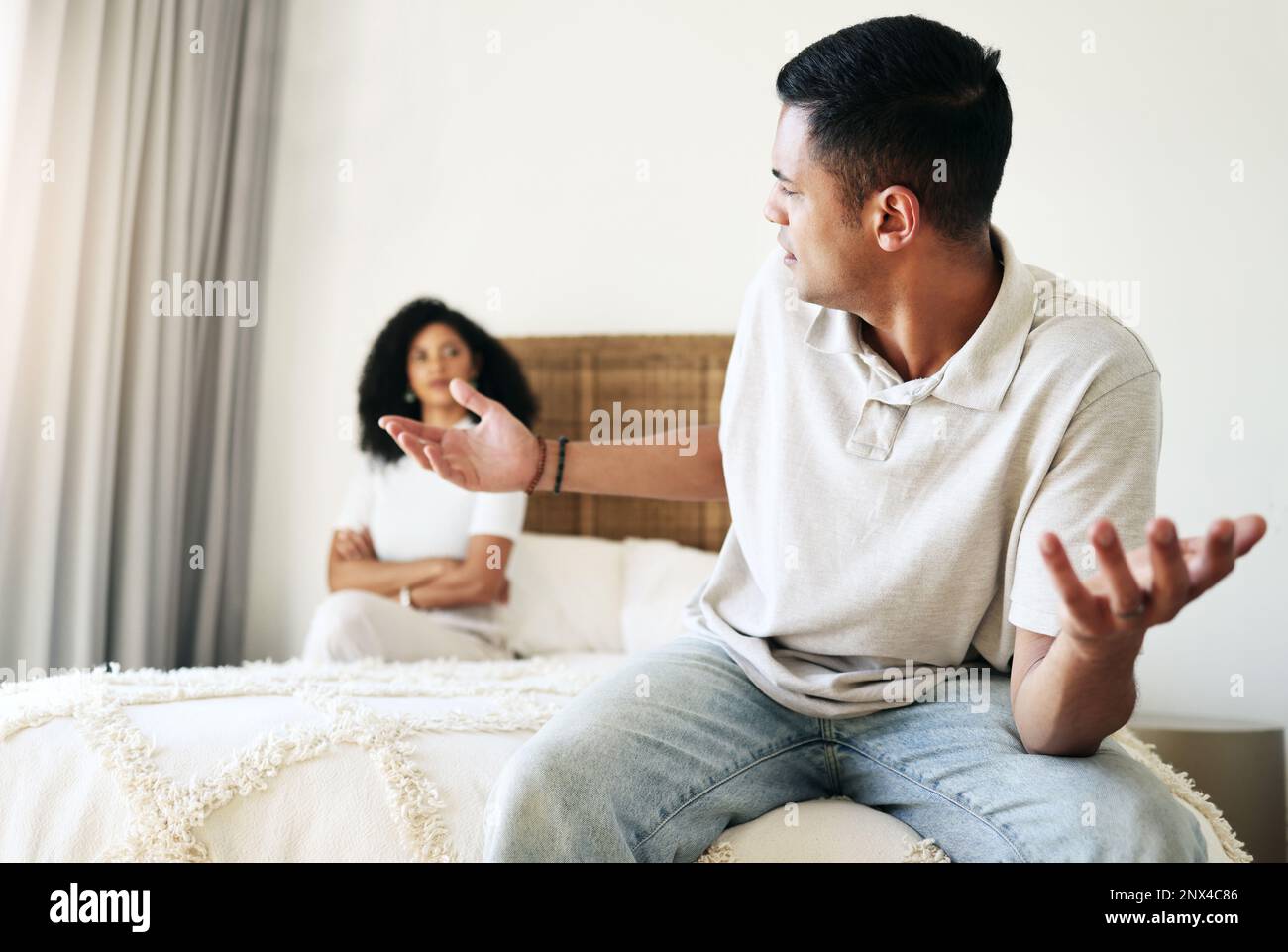 Argument, stress and couple in bedroom for conflict, breakup ...