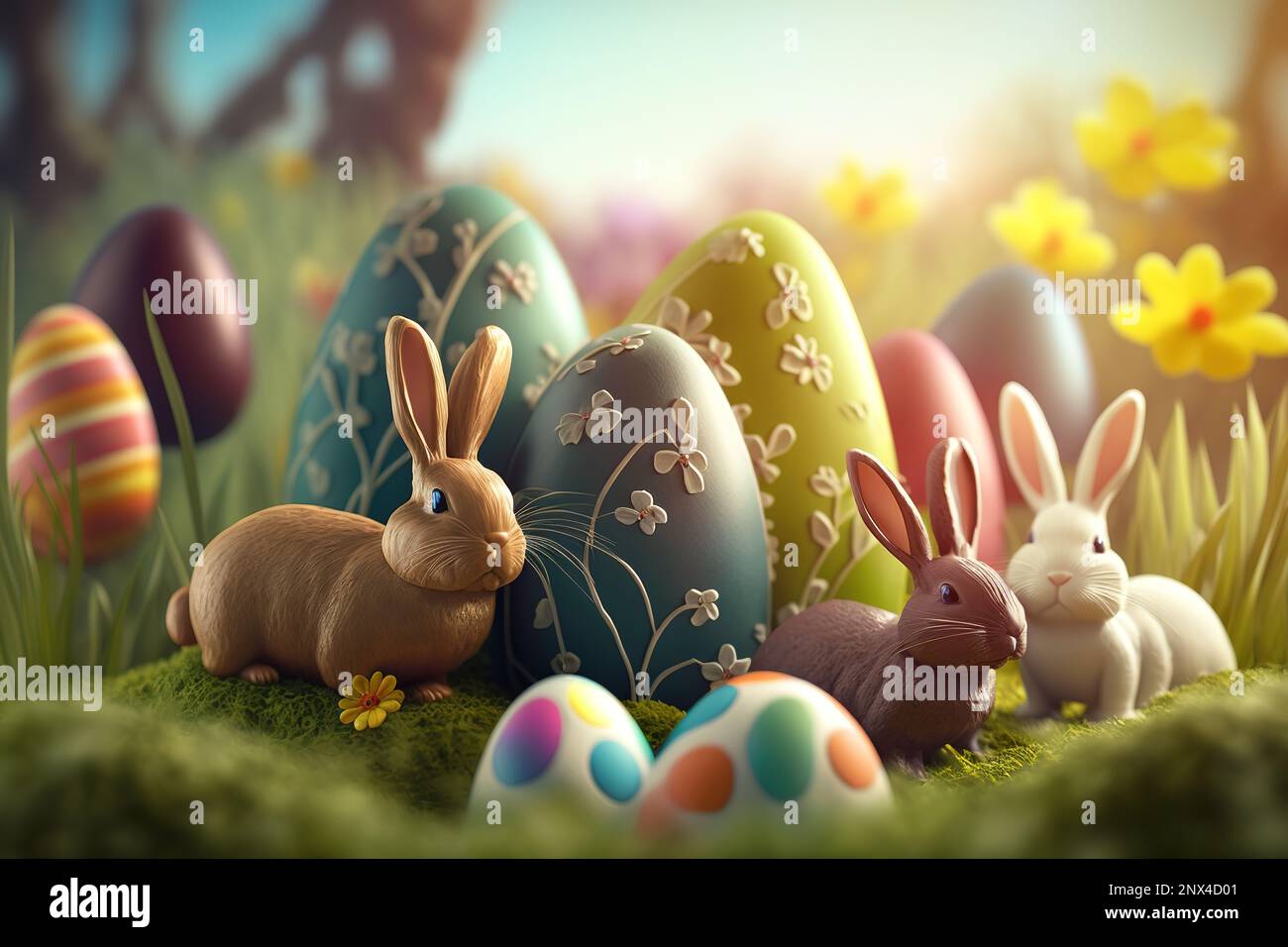 Easter bunny with big eggs background Stock Photo - Alamy