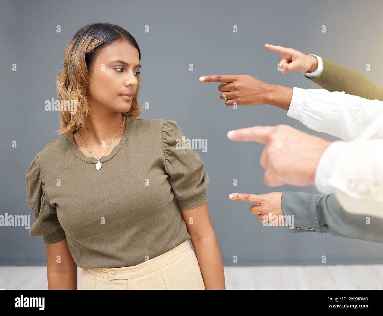 Guilty, pointing and fingers with business woman for bullying, shame ...