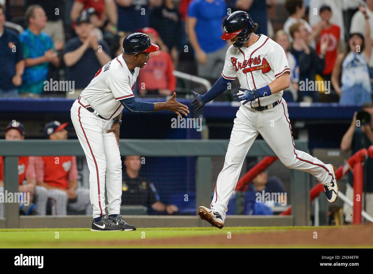 ATLANTA, GA – JUNE 01: Atlanta's Dansby Swanson (7) is congratulated by ...