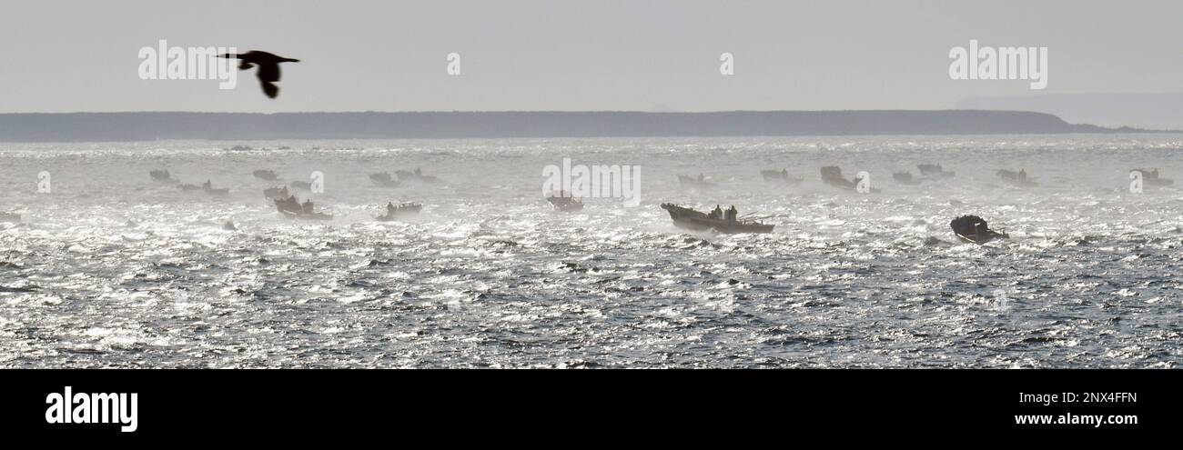 Fishing boats head for Kaigara Jima Island of Habomai Islands in Nemuro ...
