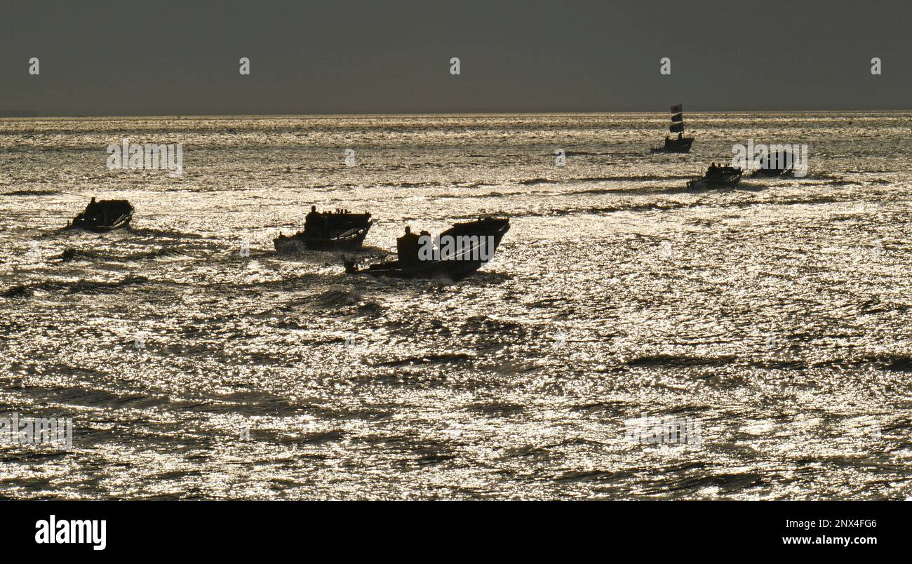Fishing boats head for Kaigara Jima Island of Habomai Islands in Nemuro ...