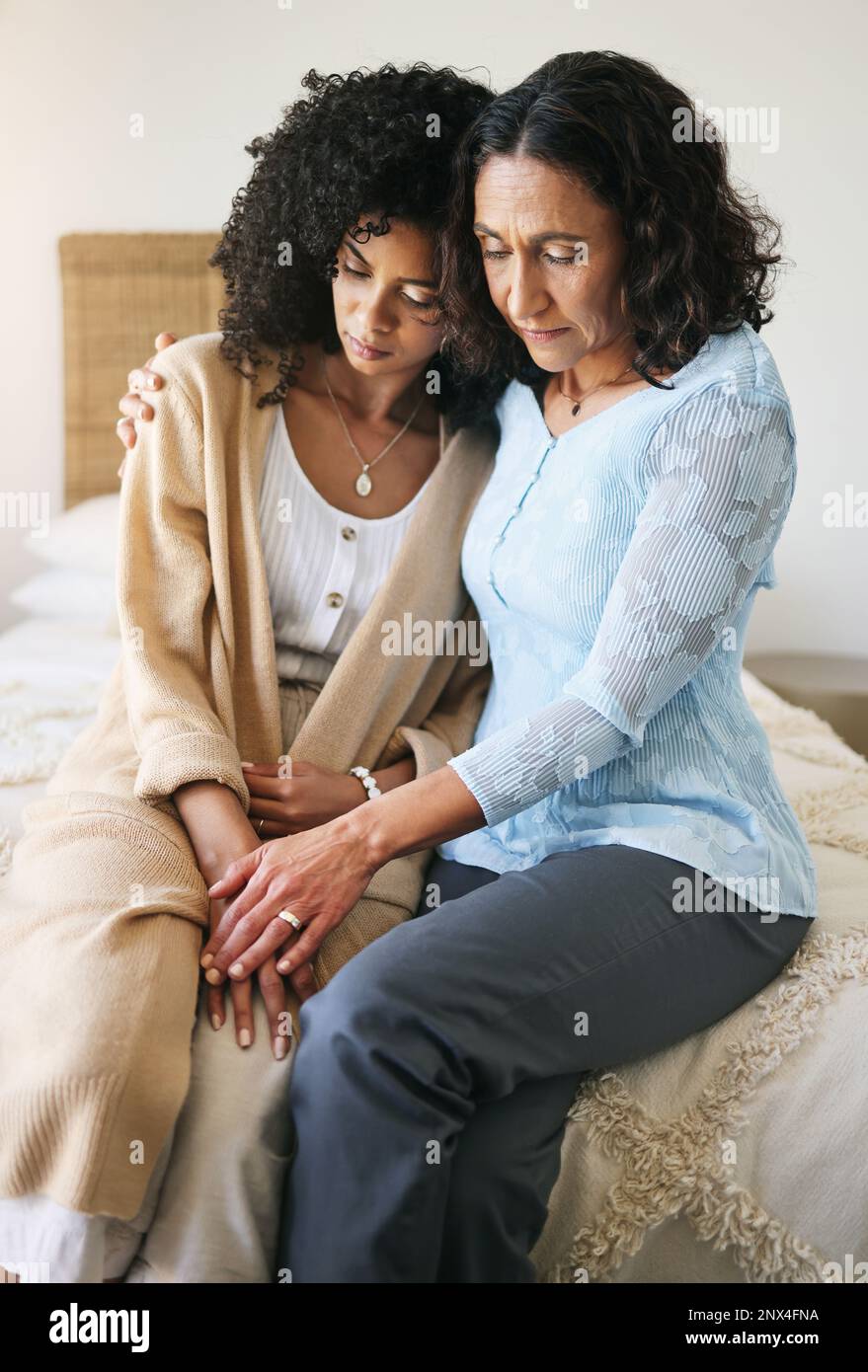 Black women hug, comfort and sad with support, kindness and mental ...