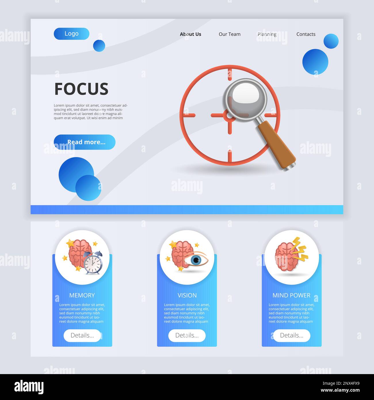 Focus flat landing page website template. Memory, vision, mind power. Web banner with header ...