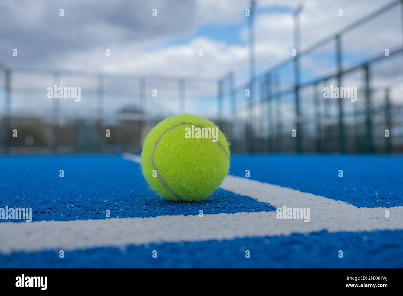 ground level view of a ball in a blue paddle tennis court, racket ...