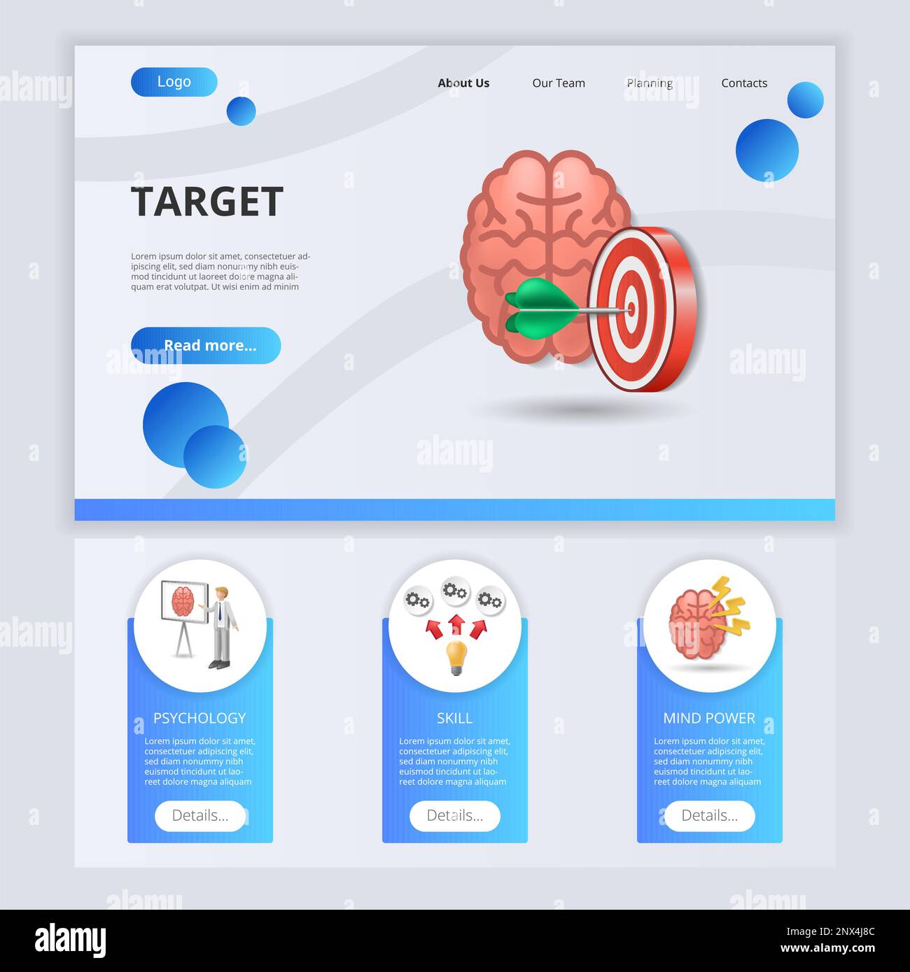 Target flat landing page website template. Psychology, skill, mindpower ...